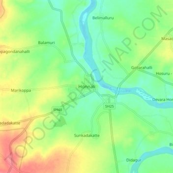 Honnali topographic map, elevation, terrain