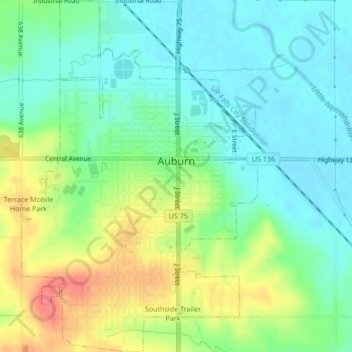 Auburn topographic map, elevation, terrain