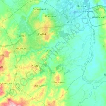 Awka South topographic map, elevation, terrain