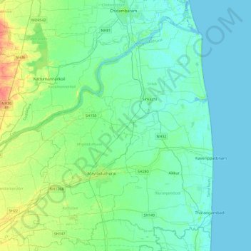 Mayiladuthurai topographic map, elevation, terrain